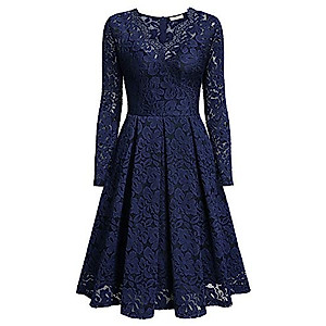 MISSMAY Women's Vintage Floral Lace Long Sleeve V Neck Cocktail Formal Swing Dress (Large, Navy Blue)