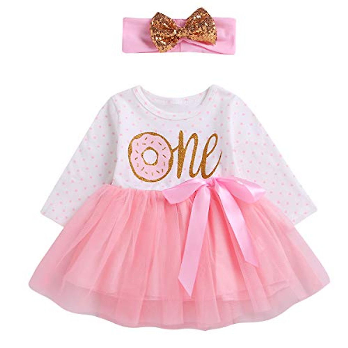 ODASDO Newborn Infant Baby Girl First 1st Birthday Party Princess Tutu Tulle Dress Donut Print Golden One Year Party Cake Smash Outfit Long Sleeve Cotton Casual Clothes + Headband 2pcs Set 18-24M