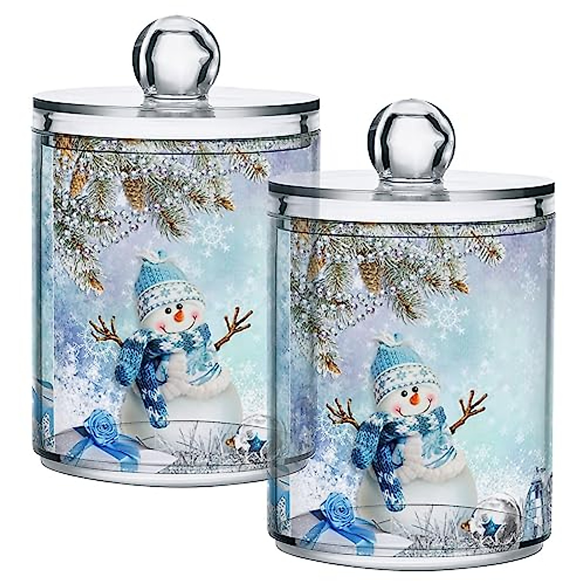 Gredecor Christmas Winter Qtip Holder Dispenser 2 Pack Snowman Snowflake Pine Cones Gifts Bathroom Decorative Storage Canister Holder Counter Vanity Organizer for Cotton Ball Swabs Pads Floss