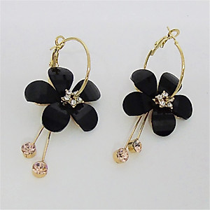 ANDPAI Elegant Romantic Bohemian Crystal Acrylic Rose Flower Dangle Drop Earrings Five Leaves Exaggerated Round Hoop long Tassel Earring for Women Statement Jewelry Gifts (Black)