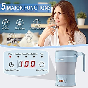 HYTRIC Travel Electric Kettle, 700ML Foldable Small Electric Kettle BPA-Free, Portable Electric Kettle with Multifunctional Panel, Collapsible Hot Water Kettle with Keep Warm & Delay Start, 110V Blue