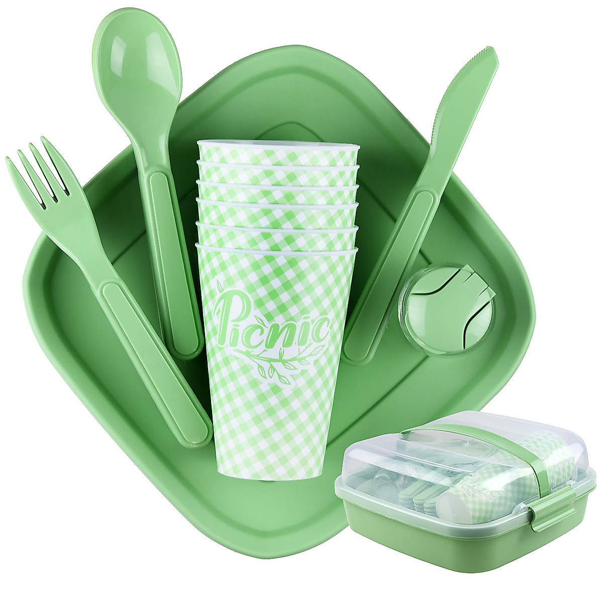Tribello Camping Picnic Dishes Set with Case, (Set for 6) 32 Plastic Reusable Cutlery Set - BPA Free - Microwave / Dishwasher Safe