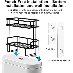HAZYJT Over The Toilet Storage Bathroom Shelf, 2 Tier Organizer with Paper Holder, Shelves Hooks, Above Rack, No Drilling Wall Mounting Space Saver Black