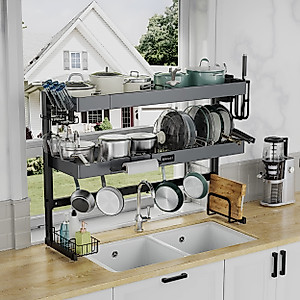 Expandable Dish Drainer Over The Sink, 2-Tier Dish Drying Rack with Cutlery Drainer,Stainless Steel…