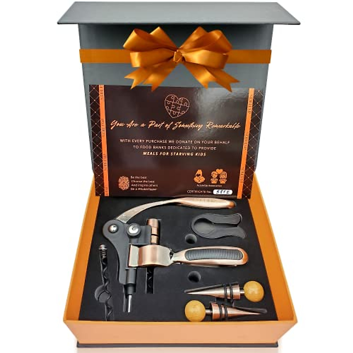 Wine Opener Set with Wooden Stand "NOBLESIP" [2023 Upgraded] 6 Pcs Kit: Foil Cutter, 2 Bottle Stoppers, Extra Corkscrew, Base & Designer Gift Box. Connoisseur Choice, Easily Removes all Corks (Bronze)