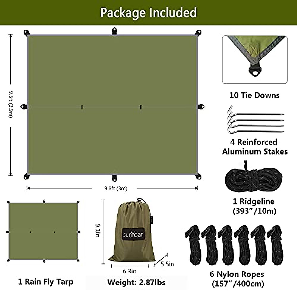 Hammock Rain Fly Tent Tarp Provides Effective Protection Against Rain, Snow. 32ft Long Ridgeline. Big 9.8x9.5ft Durable, Waterproof 210D Oxford. 6 Reflective Guy Lines, 2 Stuff Sacks. Easy Assembly
