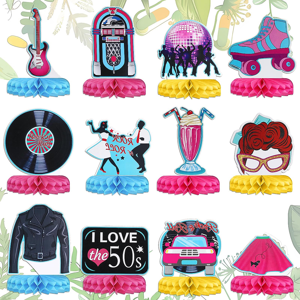 cobee 50s Party Decorations,12PCS 1950's Rock and Roll Honeycomb Centerpieces Sock Hop Party Decor Retro Theme Music Party Supplies Favors