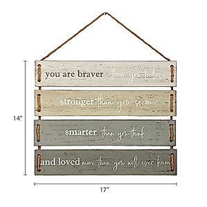 You Are Braver Than You Believe, Stronger Than You Seem Quote Wall Decor, Decorative Wood Plank Hanging Sign 17” x 14” by Barnyard Designs