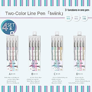 SUN-STAR Two Color Line Pen Twiink,C Set, Different 4 Colors Pattern Set, Water-Based Paint Pen, (Mint x Light Violet, Yellow x Mint, Red x Black, Orange x Yellow)