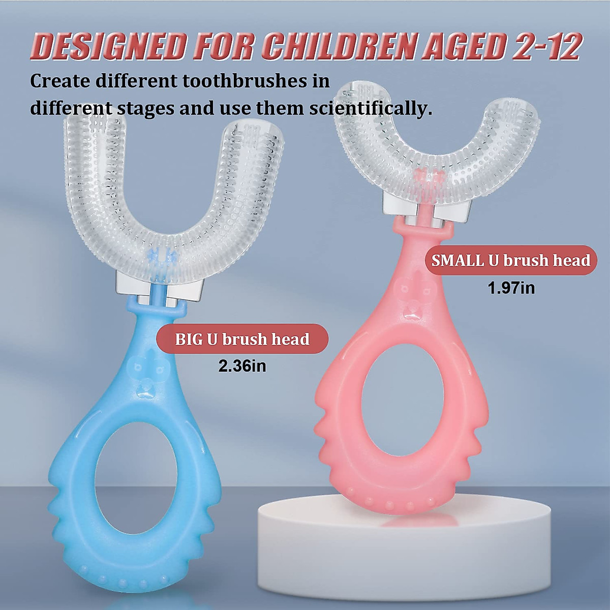 Qinerle 3PCS Kids U-Shaped Toothbrush ,Food Grade Soft Silicone Brush Head, 360° Oral Teeth Cleaning Design for Toddlers and Children