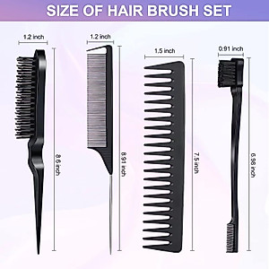 4Pcs Anmieciu Hair Styling Set for All: Bristle Edge Brush, Teasing Comb, Rat Tail Comb, Wide Tooth Comb for Combing, Smoothing and Styling Hair (Black)