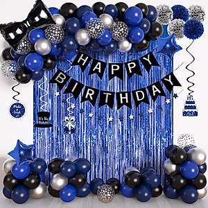 Ouddy Life Blue and Black Birthday Decorations for Men Boys, Navy Blue Black Sliver Confetti Balloon Happy Birthday Banner Fringe Curtain Hanging Swirl Graduation Baby Shower Engagement Party Supplies