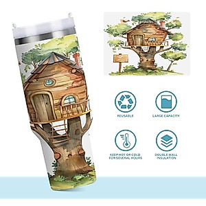 ODAWA Hand Painted Tree House Insulated Cup with Handle Insulated Tumblers Reusable Stainless Steel Water Bottle