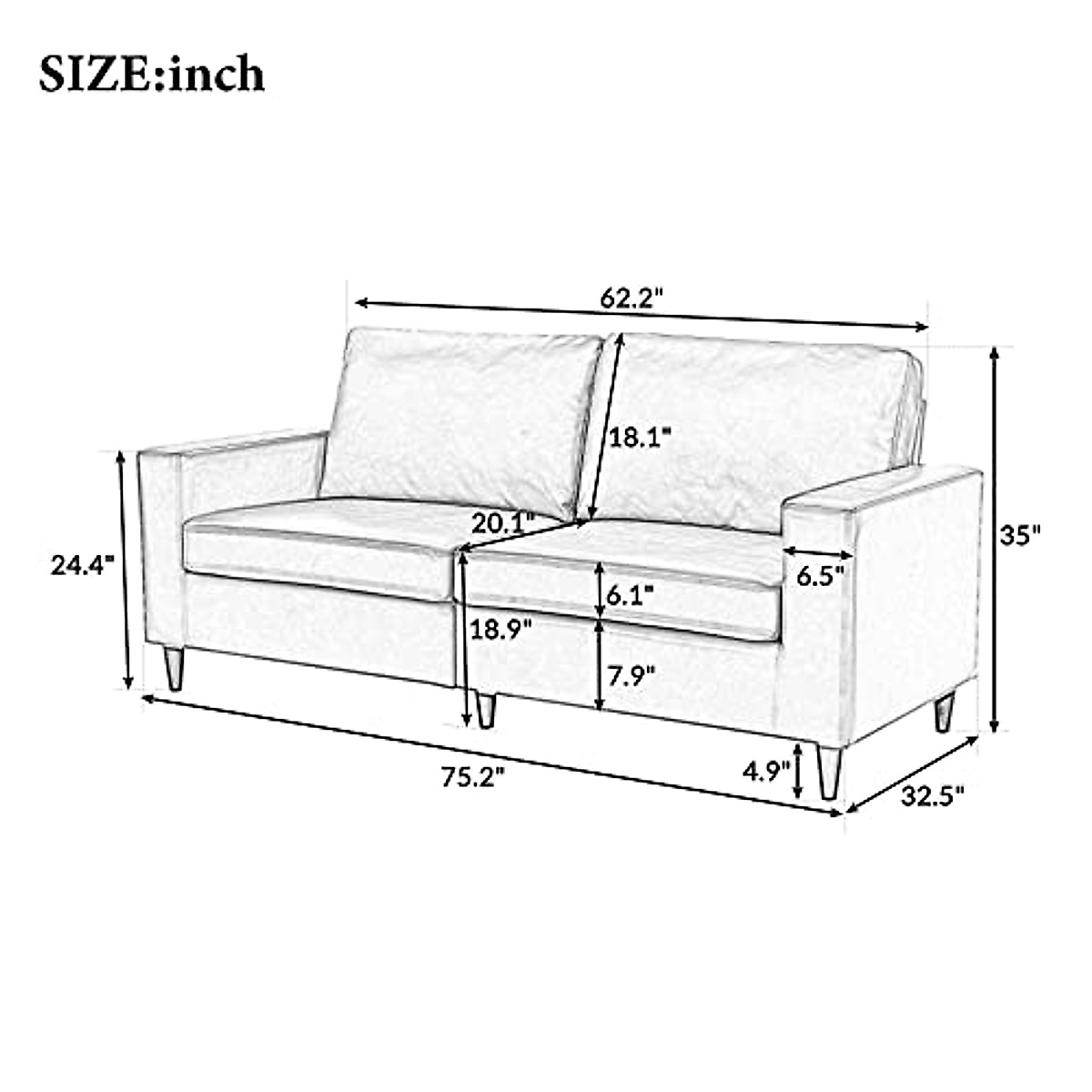 Cotoala PU Leather Sofa, Modern Upholstered 3 Seat Sectional Couch Furniture for Living Room, Home, Solid Frame and Wood Legs-Brown