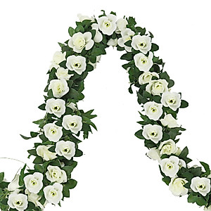 Flower Vines Rose Garland Silk Flowers White Flower Garland Faux Flowers Decor Indoor Fake Vines With Fake Flowers Artificial Flowers Outdoor Home Wedding Party Garden Wall Decoration(4 Pack /30.4 Ft)
