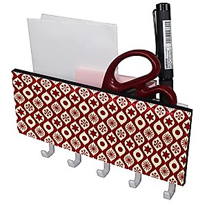 Red Christmas Mail Holder Organizer and Key Hooks PU Front, Self Adhesive Key Rack with 5 Hooks Perfect for Entryway, Hallway，Bathroom ，Kitchen