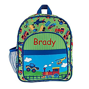 Personalized Trains Planes Tractors Backpack - Back to School or Travel Tote Book Bag with Custom Name