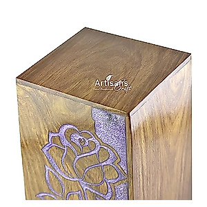 Wooden Urn for Human Ashes Adult Male Female, Rose Design Resin Work Urn Box for Men Women Child, Burial Funeral and Memorial Urns for Ashes, Decorative Urn (Rose, Small - ( 100 Cu/In )