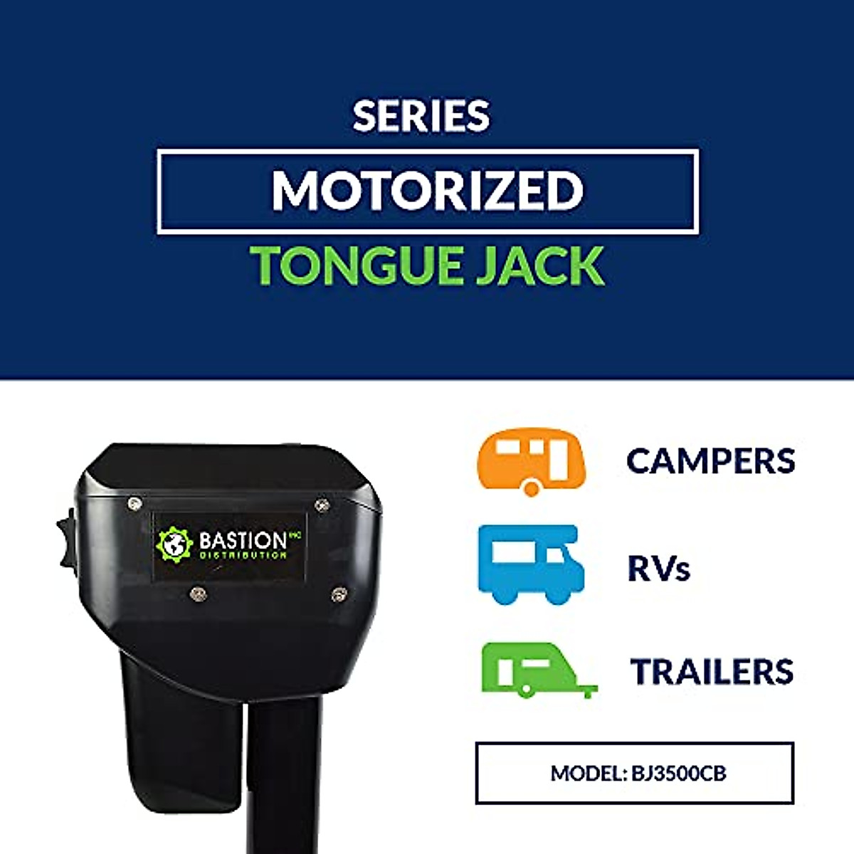 Bastion Premier Electric Power Tongue Jack with Cover | Electric or Manual Operation | 3500LB A-Frame Capacity | 12V | Front LED | Trailers, Campers, Motorhomes, RVs, Boats, & More | BJ3500CB