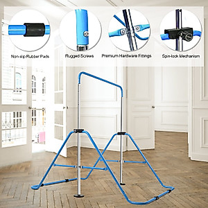 YEEGO DIRECT Gymnastics Bar with Rings, Gymnastics Bar for Kids Ages 3-12, Foldable Gymnastics Bar, Kids Gymnastics Bar Expandable for Home Training Kids Gifts for Grils Boys（Blue）