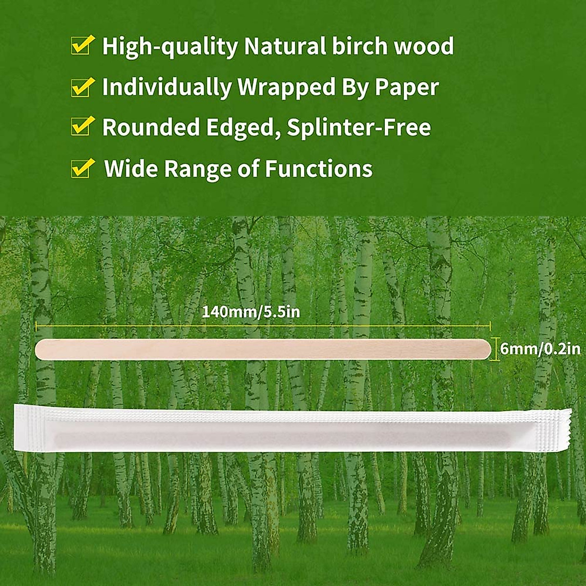 MFJUNS 200pcs Individually Wrapped Coffee Stirrers Wood - 5.5" Coffee Stir Sticks, Round End Disposable coffee stirrer, For Coffee, Cocktail and Hot Drinks