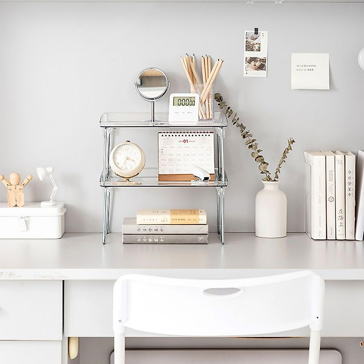 Estink Stackable Clear Organizer, Plastic Transparent Stackable Countertop Shelves Tabletop Storage Rack for Makeup Kitchen Utensils Cosmetics Stationery Bathroom Supplies Organization