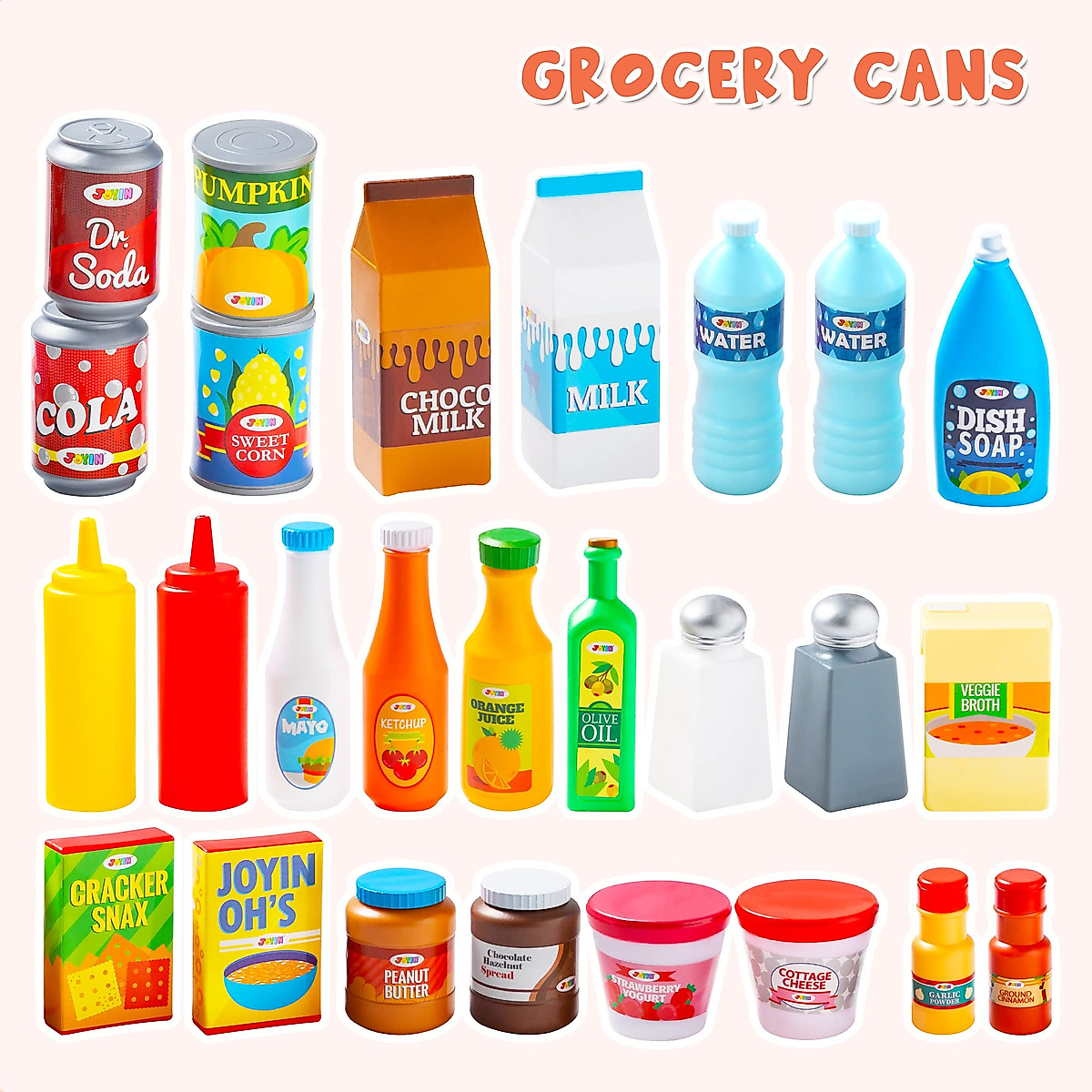 JOYIN 135Pcs Kids Play Food Set, Value Pretend Food for Play Kitchen with Fruit, Vegetable, Food Can, Dessert, Tableware, Bottles, Dramatic Plastic Food Toys for Toddler Boys Girls 3+ Years