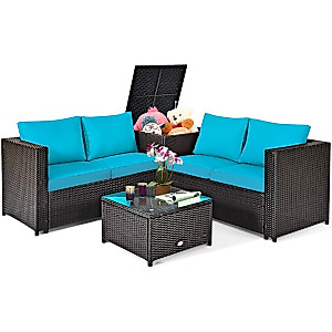 Tangkula 4 Piece Wicker Patio Set with Storage, All Weather-Proof Outdoor Conversation Set with Loveseat, Glass Top Coffee Table & Storage Box, Suitable for Garden, Poolside, Sunroom (1, Turquoise)