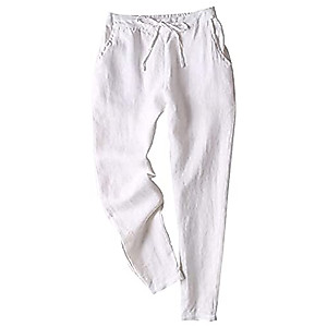 Tanming Linen Pants for Women Summer Casual High Waisted Drawstring White Beach Pant (White, M)