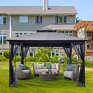 HAPPATIO 10' X 12' Patio Gazebo with Ventilation Double Roof，Outdoor Gazebo with Mosquito Netting for Lawn, Garden (Grey)