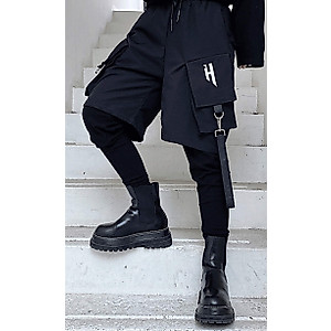 Yonititeee Mens Multi Pockets with Straps Cargo Techwear Joggering Pants Black Waist 34-35 Inches