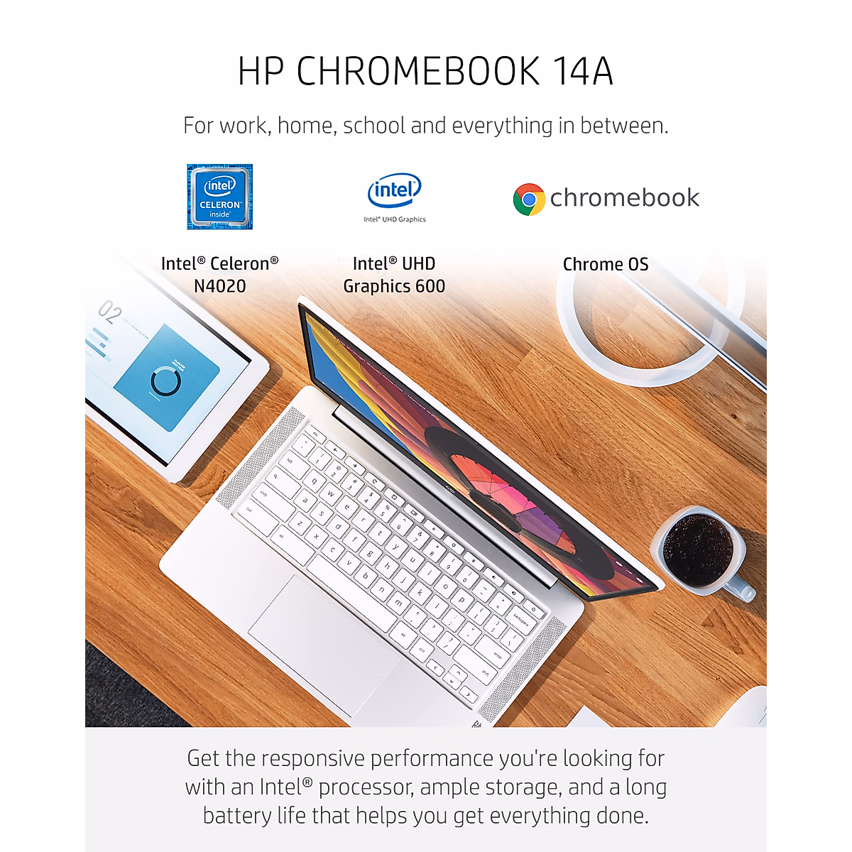 HP Chromebook 14 Laptop, Intel Celeron N4020, 4 GB RAM, 32 GB eMMC, 14” HD Micro-Edge Display, Chrome OS, Thin & Portable, 4K Graphics, Snow White Keyboard (14a-na0023nr, 2021, Ceramic White)