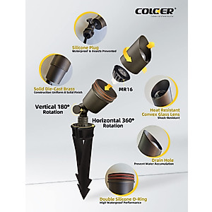 COLOER Die-cast Brass Low Voltage Spotlight 1-Pack with 5W Aluminum Housing MR16 LED Bulb 2700K 450LM CRI85+,12V AC/DC Outdoor Landscape Lighting, Directional Garden Patio Spot Up Light(101B)