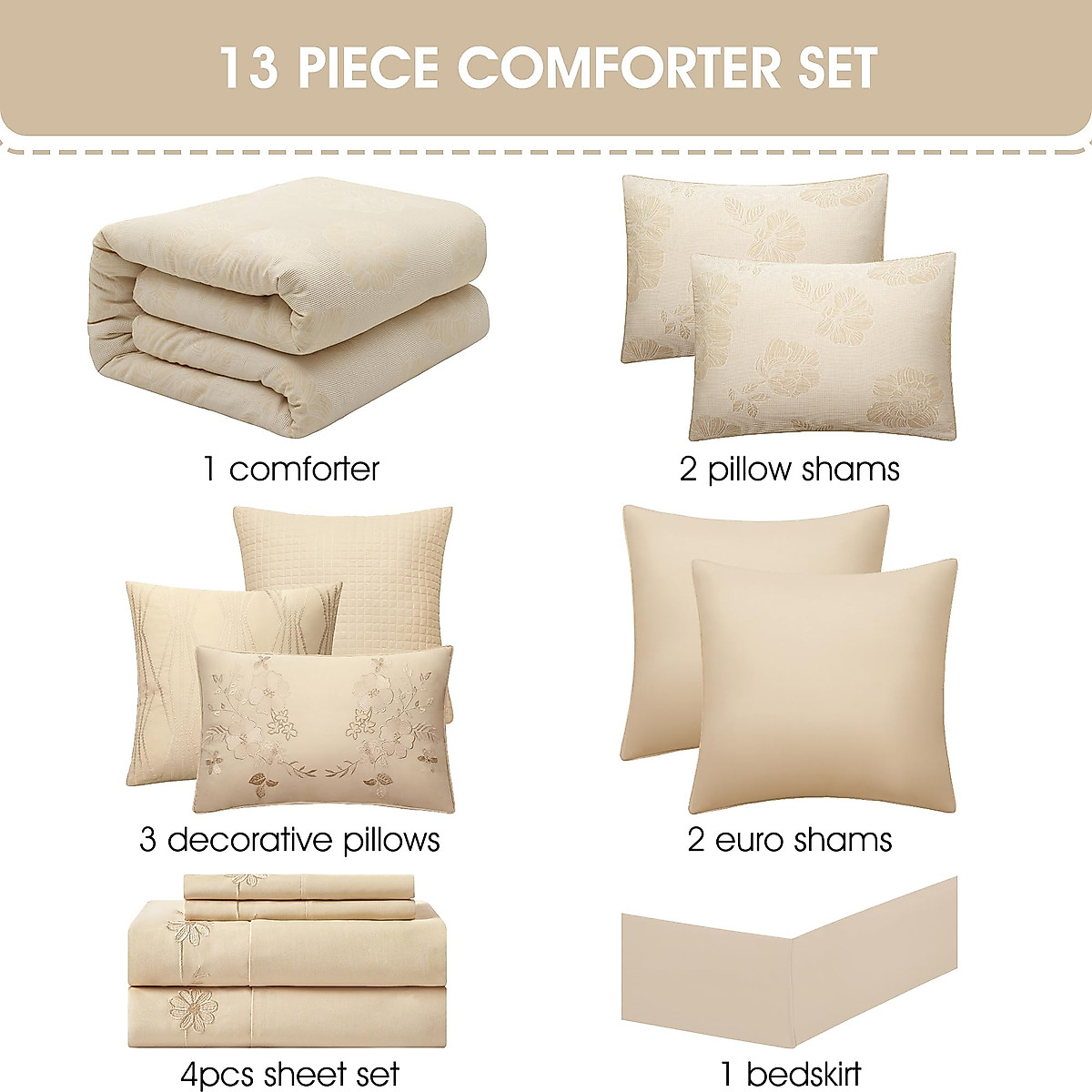 Stratford Park 13 Piece Gold Comforter Set, Cozy & Warm, King Size, Girls Bedding, All Season Bedding Set, Unique Pattern, Matching Decorative Pillows, Pillow Sham