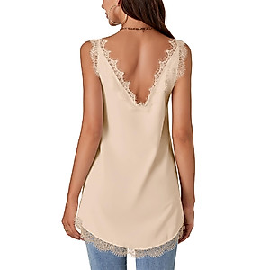 LYANER Women's Summer Sexy V Neck Lace Trim Basic Sleeveless Tank Top Blouse Shirt Beige Medium