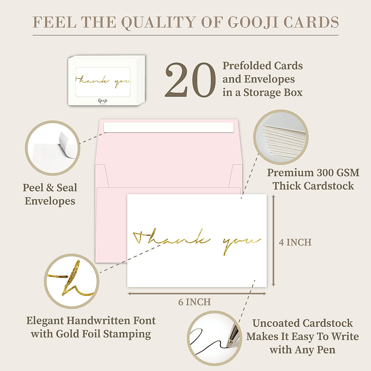 Gooji 4x6 Gold Foil Thank You Cards with Matching Peel-and-Seal Pink Envelopes (20-Pack)