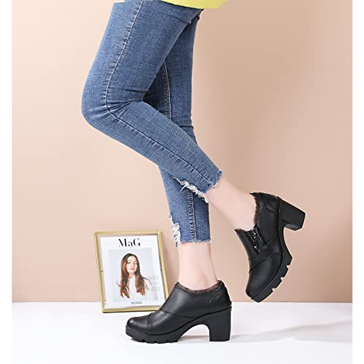 DADAWEN Women's Casual Zipper Lace Platform Mid-Heel Square Toe Oxfords Dress Shoes Black US Size 8