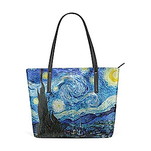 Starry Night Painting Tote Bag for Women, Large Leather Tote Shoulder Bag Handbag with Zipper, 11.8 x 3.5 x 11 inch