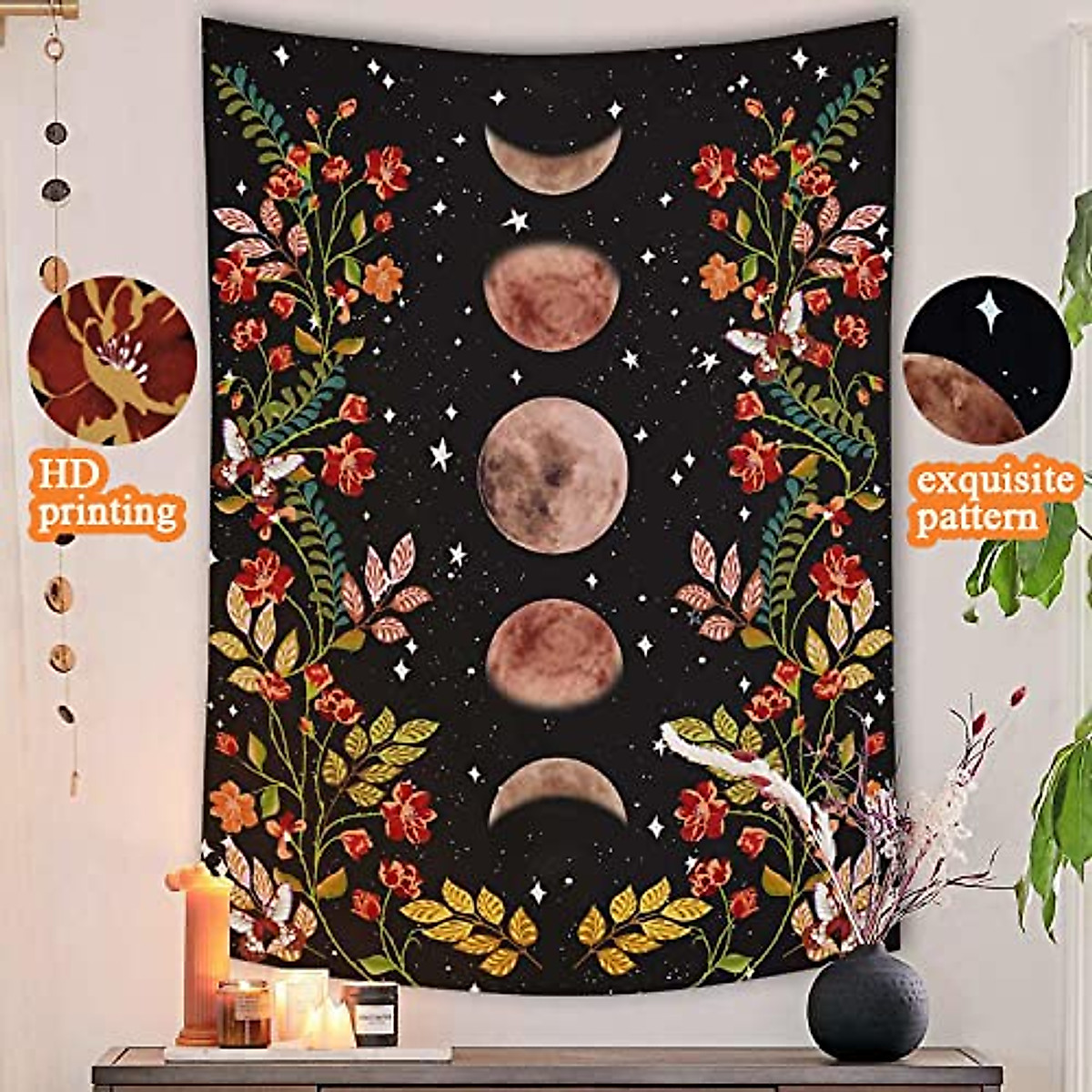 Sun And Moon Tapestry - 51.2 x 59.1 In Moon Phase Tapestries Flower Vine Tapestry Home Decoration Background Cloth, Garden Decor Banner Tapestry For Bedroom Livingroom Wall Hanging Art Aesthetic
