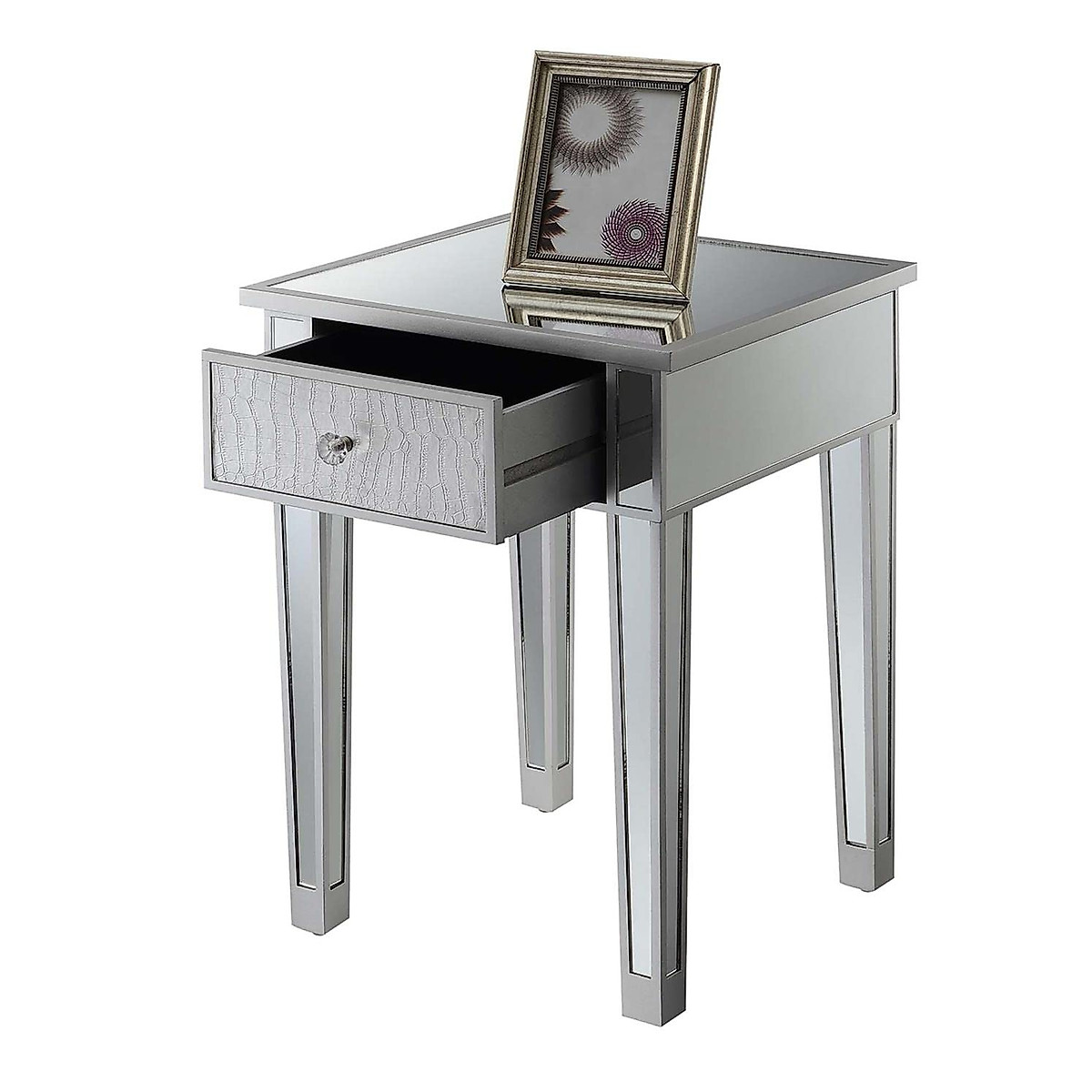 Convenience Concepts Gold Coast Mirrored End Table with Drawer, Silver / Silver Faux Croc