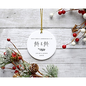 Andaz Press Personalized Gay Couple Wedding Round Ceramic Porcelain Tree Ornament Engagement Keepsake Gift, Our First Christmas As Mr. & Mr, 2024, Antique Handdrawn, 1-Pack Gay Christmas Ornaments