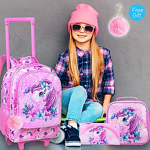 KLFVB Rolling Backpack for Girls, Kids Roller Wheels School Bookbag with Lunch Bag, Wheeled School Bag for Children - Unicorn