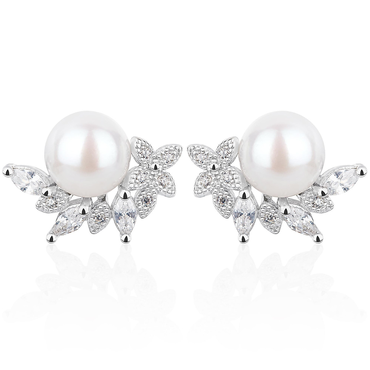 Pearlsays Natural Pearl Earrings for Women 925 Sterling Silver Cubic Zirconia Earrings Jewelry for Women AAAA Quality Real White Freshwater Pearl from The Pearls Source (8.00, Natural Pearl Zirconia
