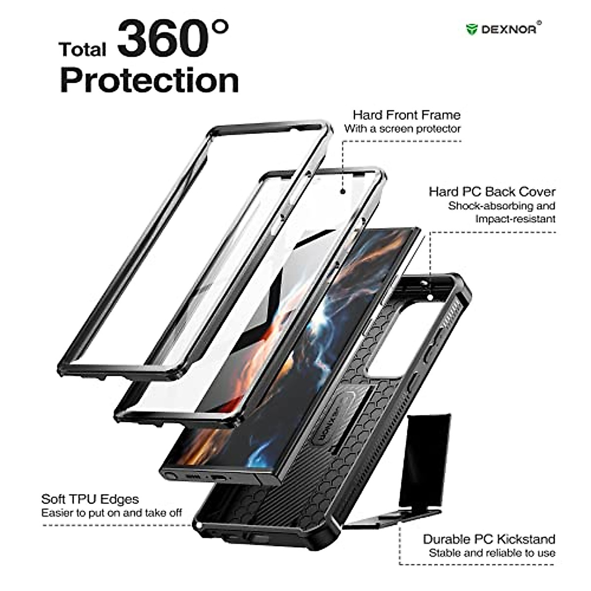Dexnor Full Body Case for Samsung Galaxy S23 Ultra 5G/6.8 inches, Extra Front Frame Heavy Duty Military Grade Protection Built-in Screen Protector and Kickstand, Black