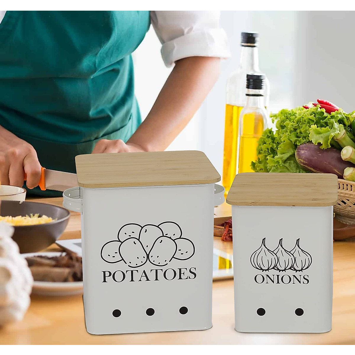 Kitchen Vegetable Storage Tins Set of 2 for Potatoes, Onion, with wooden lid Garlic Bin Caddy, Long Shelf Life-white