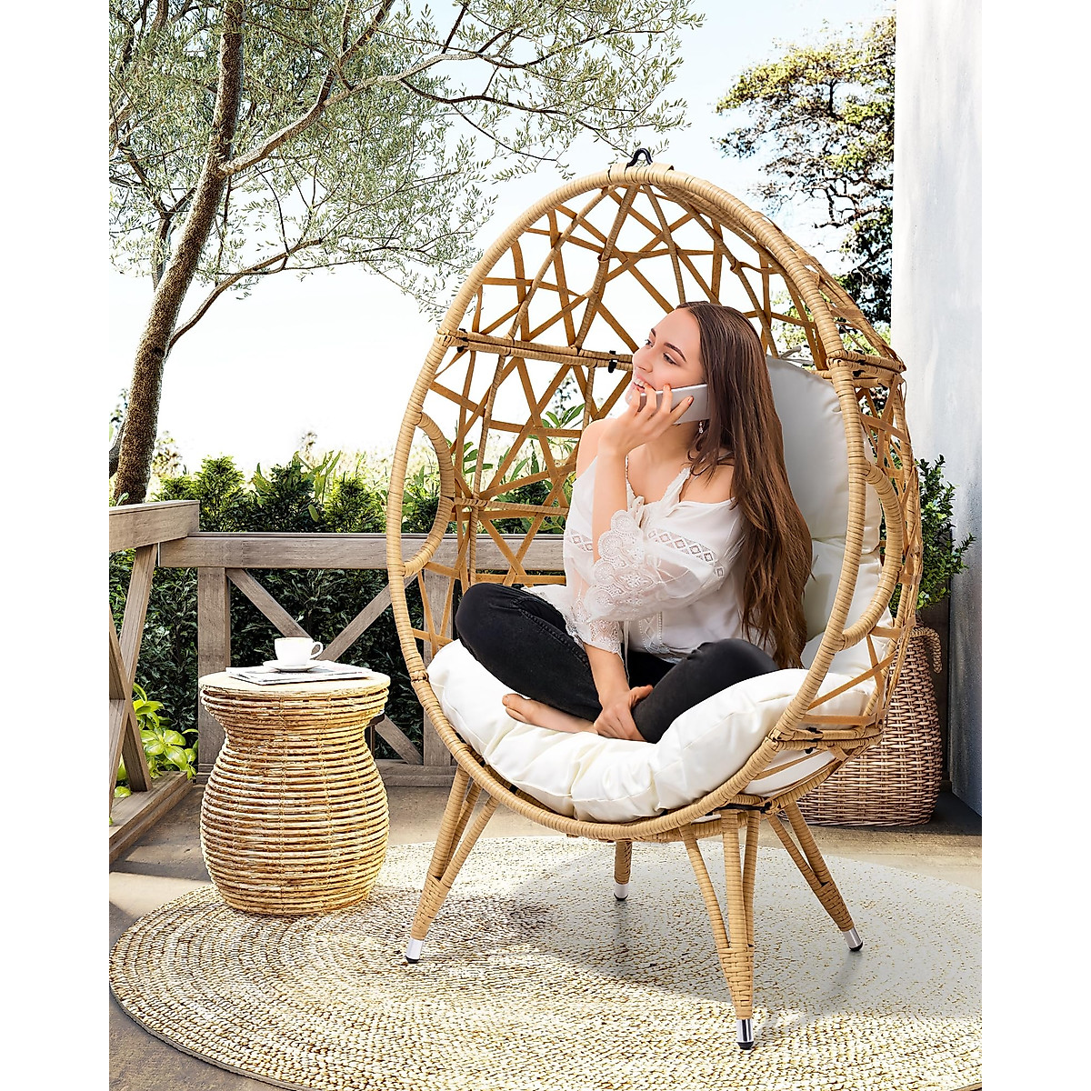 Crestlive Products Patio Wicker Egg Chair with Cushion and Pillow, Oversized Rattan Hanging Basket Lounge Chair with Legs, Teardrop Cuddle for Indoor Outdoor Bedroom Garden Deck Balcony (Beige)