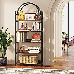 Tribesigns 5-Shelf Arched Bookcase, Industrial Metal Etagere Open Bookshelf, Rustic Wood Shelf with Black Metal Frame,72 Inches Tall(1, Brown+Black)