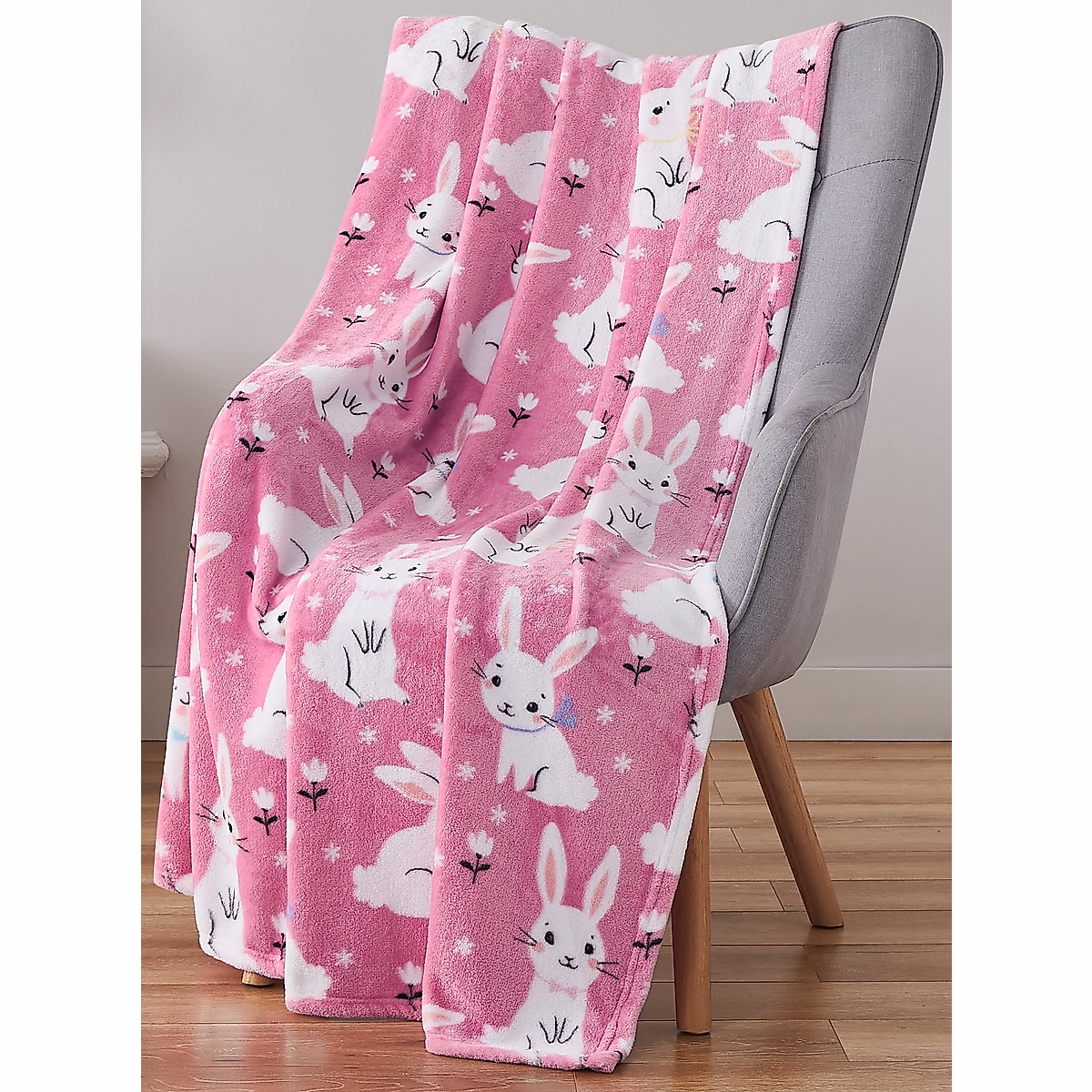 Spring Fleece Throw Blanket: Spring Bunnies and Flowers, Soft Cozy Velvet Fleece, Pink Blue White, 50" x 60" Inch for Girls and Boys (Spring Bunny)