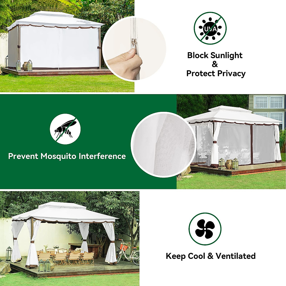 MEWAY Patio Gazebo 10x13 Gazebo with Mosquito Netting Aluminum Outdoor Gazebo Canopy with Curtains for Backyard Lawn Garden Deck, White Brown