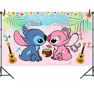 Wenqiang Stitch and Angel Gender Reveal Backdrop for Baby Shower Summer Tropical Hawaiian Beach Party Decorations Supplies Banner 5x3ft